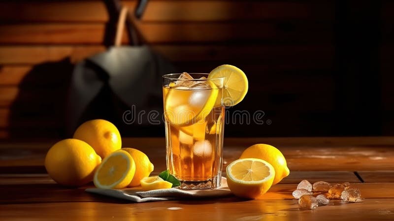 Lemon Ice Tea on Brown Wooden Table with Lemons Around. Generative Ai ...