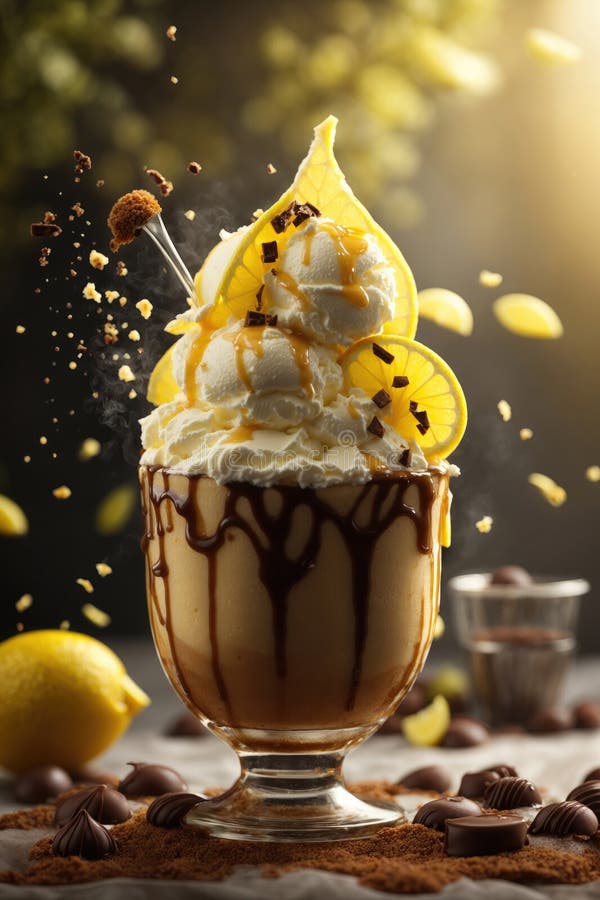 Lemon Icecream with Mapple Syrup and Chocolate, Realistic Render Smoke ...