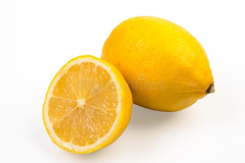 Lemon Isolate on White. Lemon Fruit Whole and a Half with Leaves. Side ...