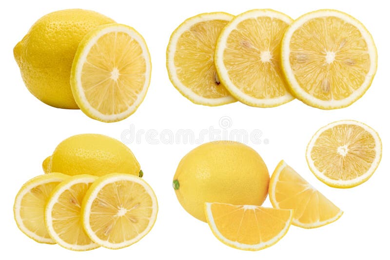 Lemon Isolate on White. Lemon Fruit Whole and a Half with Leaves. Side ...