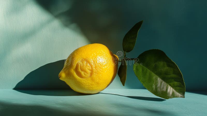 Lemon and Leaf Still Life a Study in Light and Shadow on a Teal ...