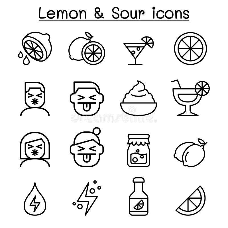 Lemon & Sour Icon Set in Thin Line Style Stock Vector - Illustration of ...