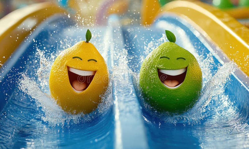 Two Happy Citrus Fruits, a Lemon and a Lime, are Speeding Down a Blue ...