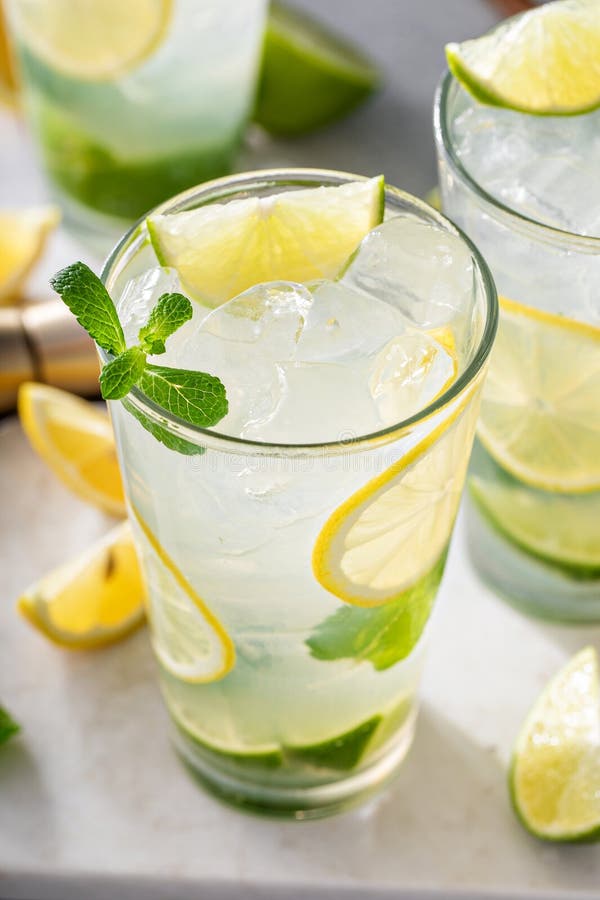 Lemon and Lime Mojito Cocktail in Tall Glasses with Lime and Mint Stock ...