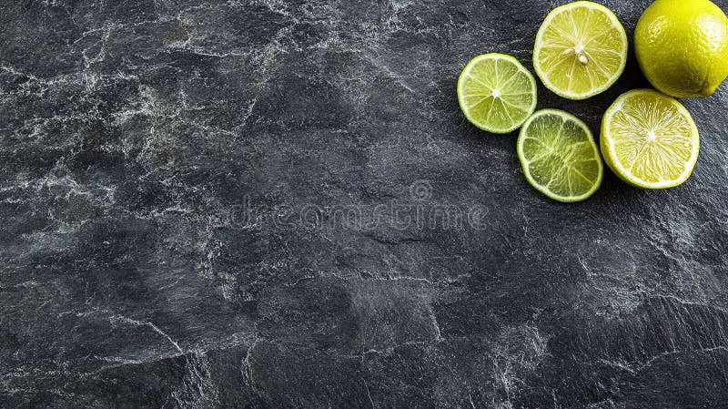 Lemon and Lime Slices on a Textured Slate Background, Top View, with ...