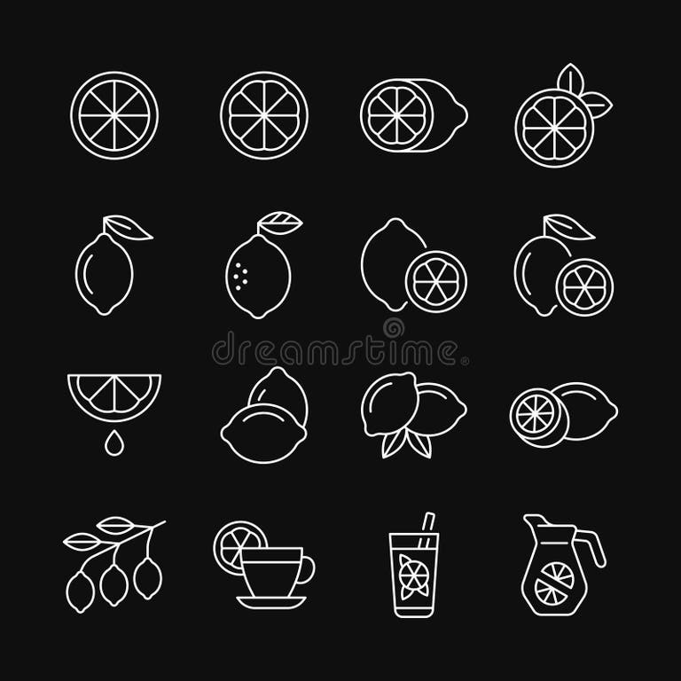 Lemon Line White Icon Set. Citrus Fruit Vector Collection. Editable ...