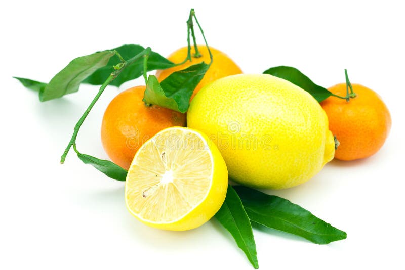 Lemon and Mandarin with Green Leaves Stock Image - Image of close ...