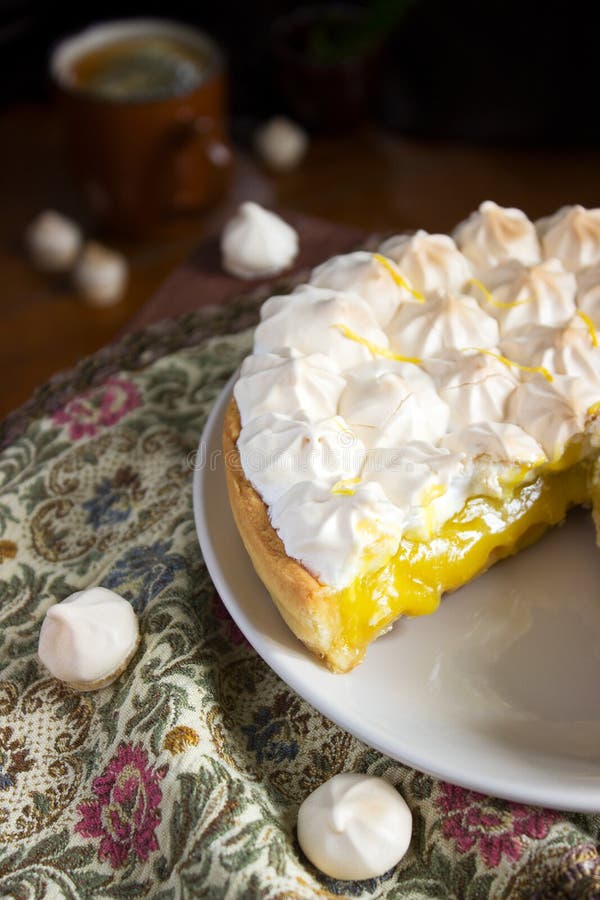 Lemon Meringue Cake Served with Tea on a Dark Background. Rustic Style ...