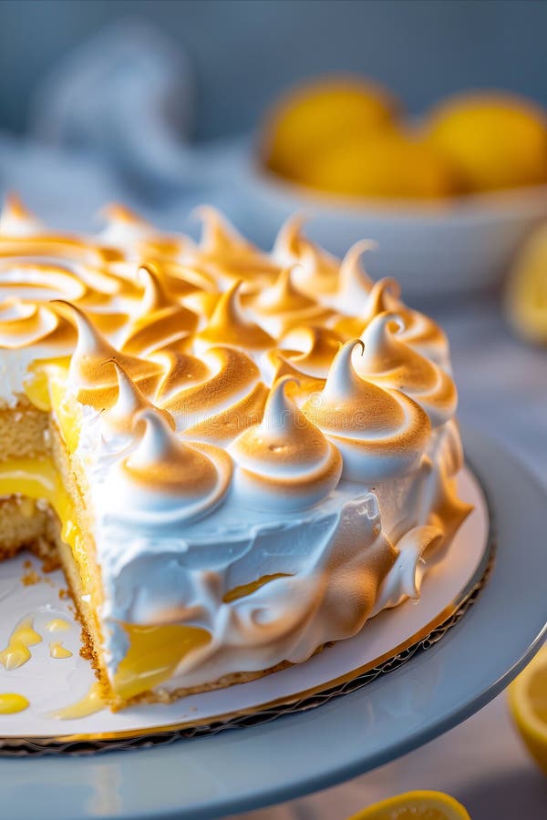 A Lemon Meringue Cake with a Slice Taken Out Stock Photo - Image of ...