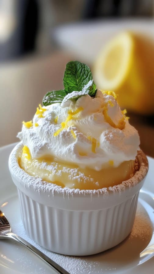 Lemon Meringue Dessert with Whipped Cream and Mint Garnish in Elegant ...