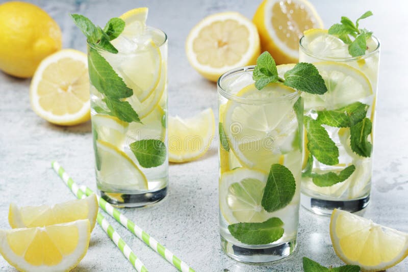 Lemon and Mint Drink with Ice Cubes Stock Image - Image of leaf ...