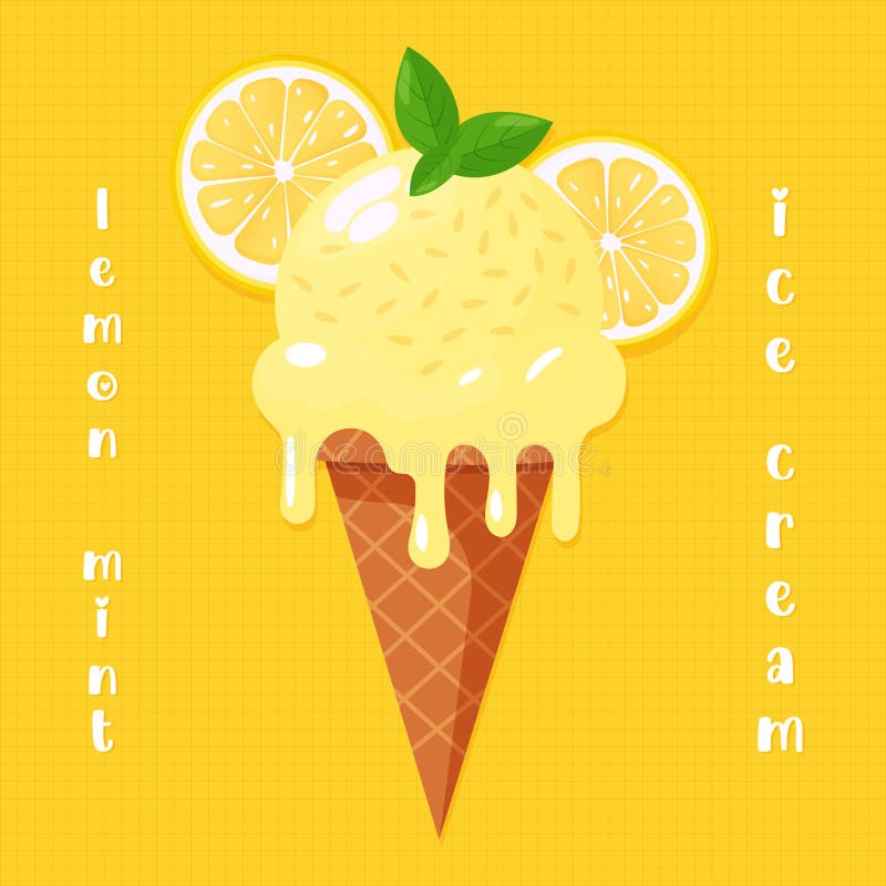 Lemon Mint Ice Cream in Waffle Cone Flat Vector Illustration Stock ...