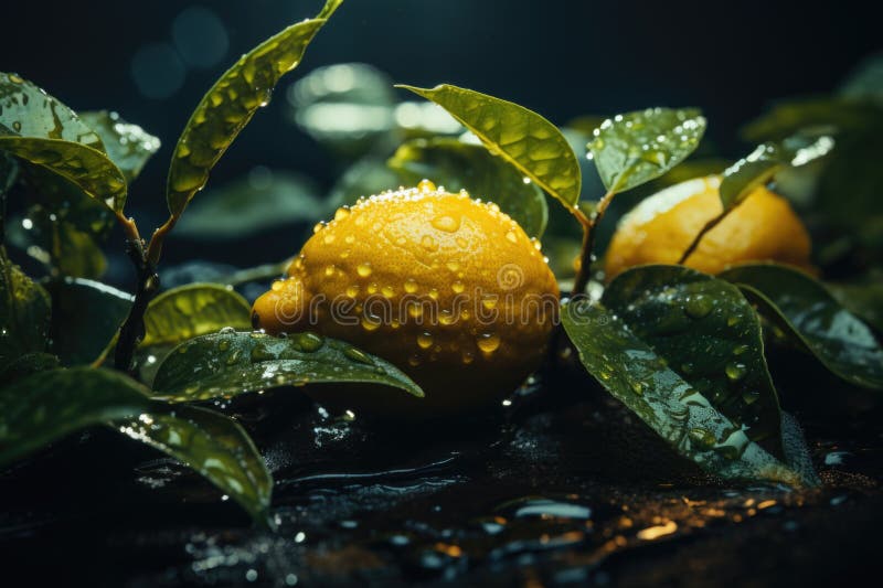 Lemon on the Monster Leaf with Co Stock Illustration - Illustration of ...