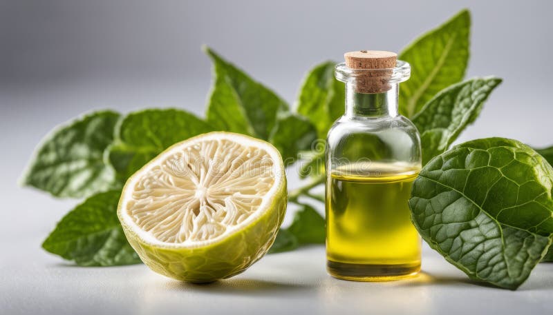 Lemon Oil Bottle with Lemon and Mint Leaves Stock Illustration ...