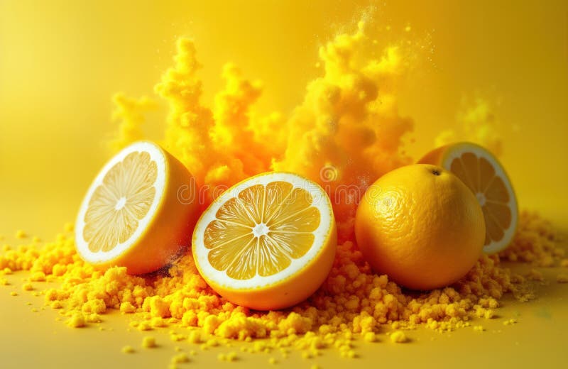 Lemon, Orange Slices Exploding with Vibrant Yellow Powder on Fuzzy ...