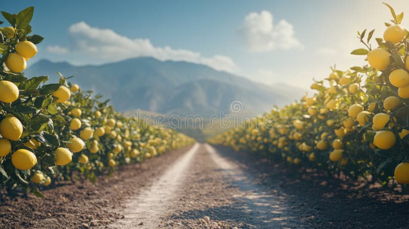 Lemon Orchard Pathway Under Sunny Blue Sky with Mountains in Background ...
