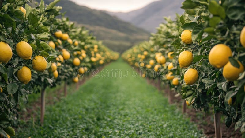 Lemon Orchard with Rows of Lush Trees and Ripe Yellow Lemons in a ...