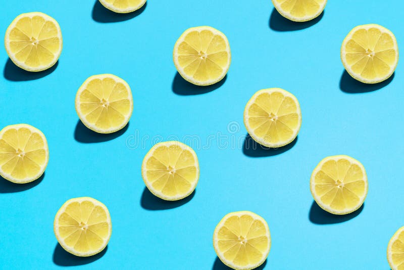 Lemon Pattern on Bright Light Blue Background. Minimal Flat Lay Food ...
