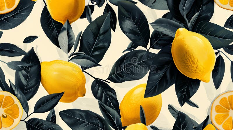 Lemon Pattern with Dark Leaves, Bright Citrus Fruit Illustration Stock ...