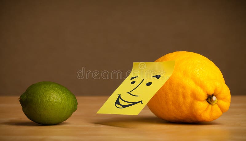 Lemon with Post-it Note Smiling at Lime Stock Image - Image of gesture ...