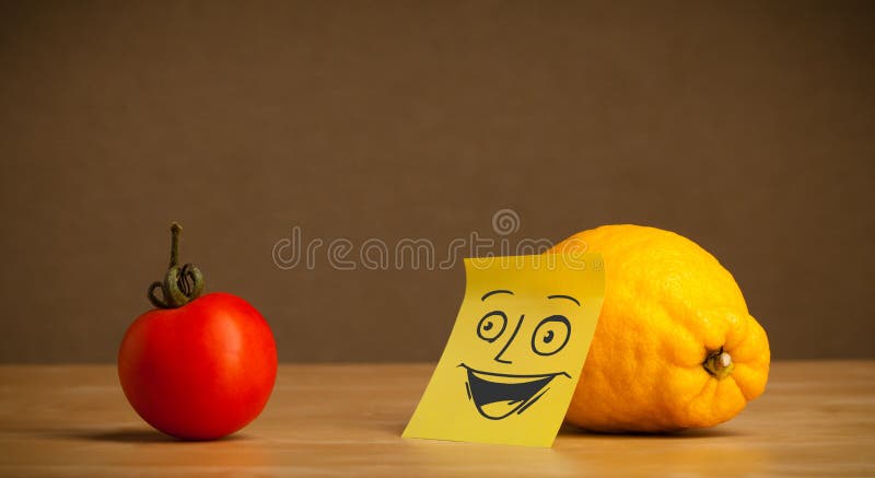 Lemon with Post-it Note Smiling at Tomato Stock Photo - Image of ...
