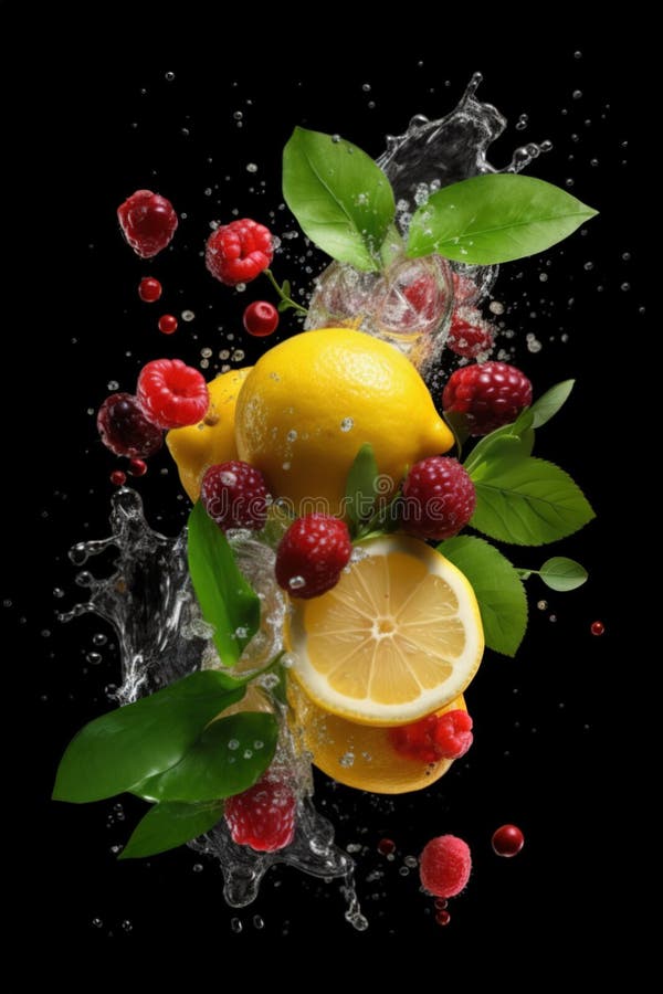 Lemon and Raspberries, Refreshing, Clean, with Water Splash. Generative ...