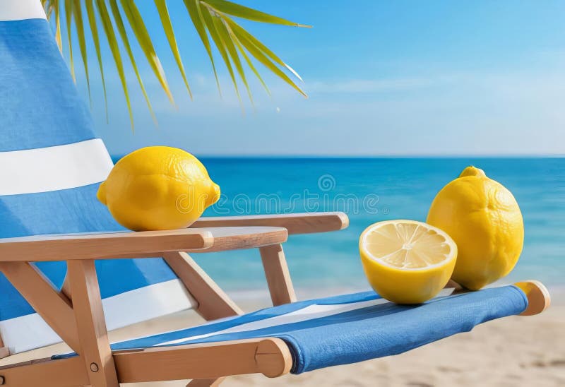 A Lemon Resting on a Beach Chair with a Blue and Yellow Background ...