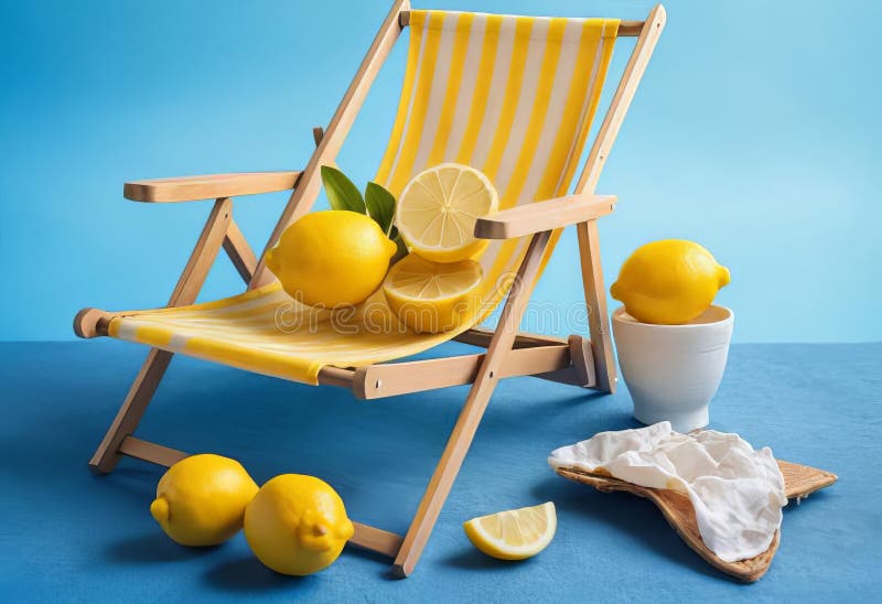 A Lemon Resting on a Beach Chair with a Blue and Yellow Background ...