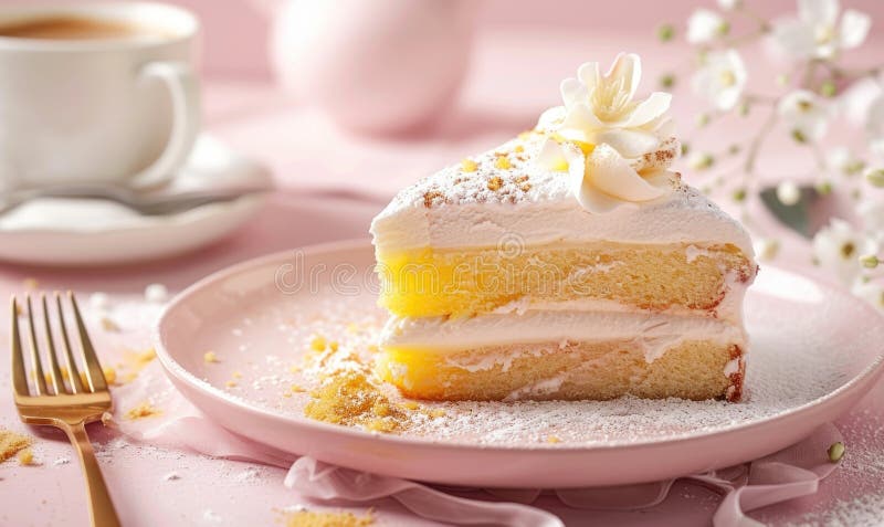 Lemon Ricotta Cake with a Latte on a Pastel Pink Plate Stock Image ...