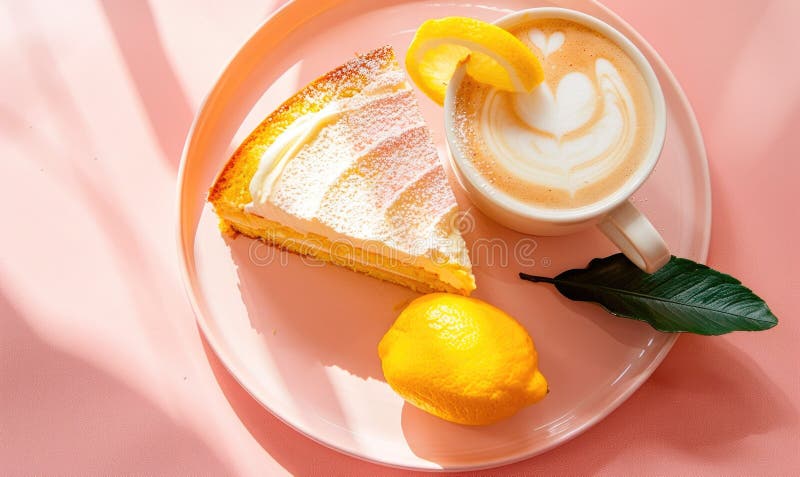 Lemon Ricotta Cake with a Latte on a Pastel Pink Plate Stock Photo ...