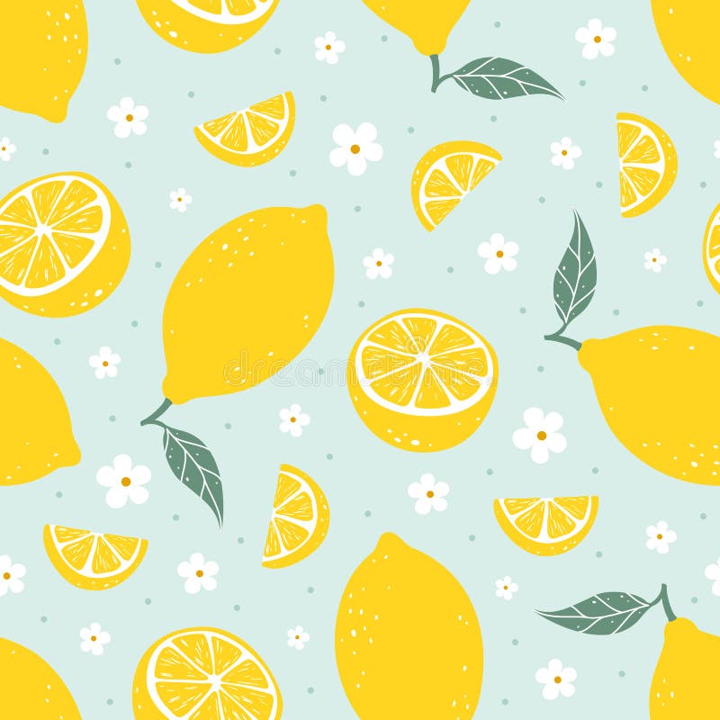 Lemon Seamless Pattern on Light Blue Background. Vector Illustration ...