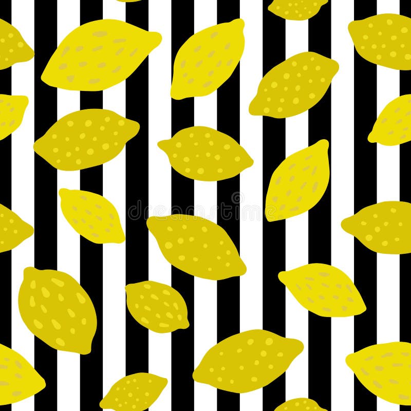 Lemon Seamless Pattern on Stripes Background. Hand Drawn Stock ...