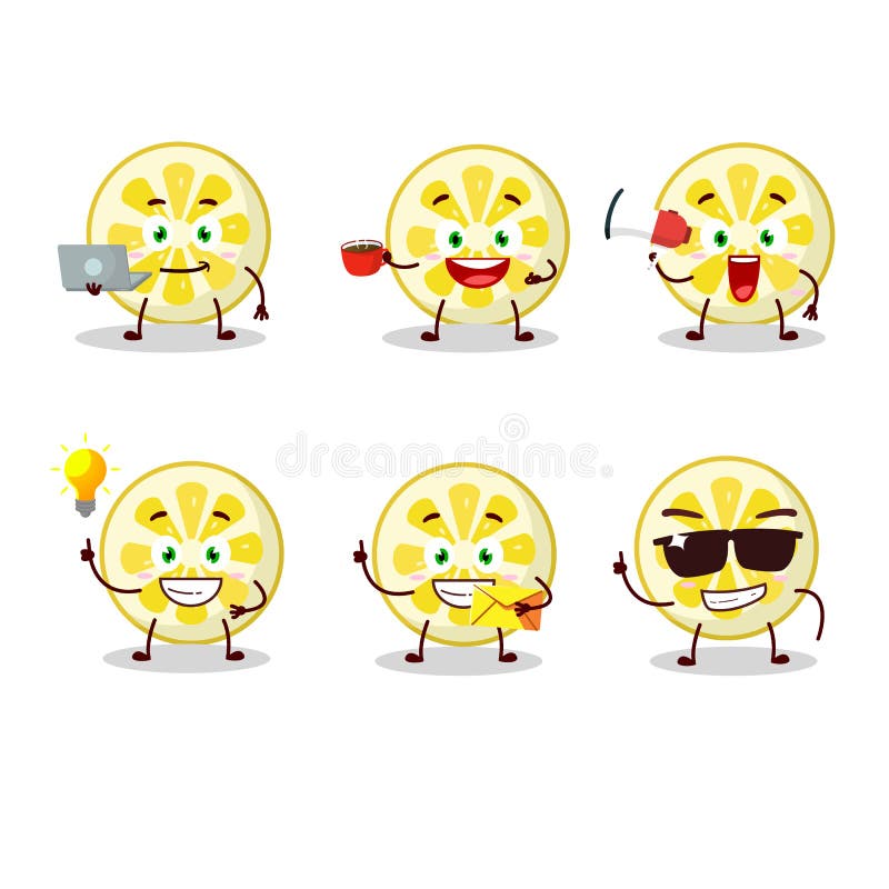 Lemon Slice Cartoon Character with Various Types of Business Emoticons ...