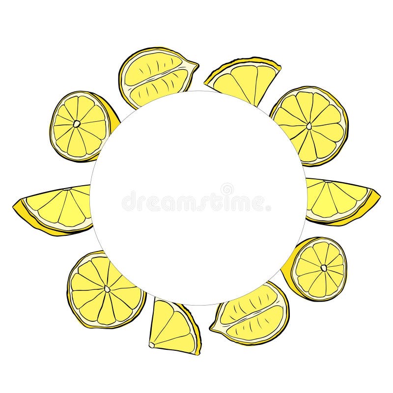 Lemon Slice Circle Round Frame Fruit Hand Drawn Design. Vector Graphic ...