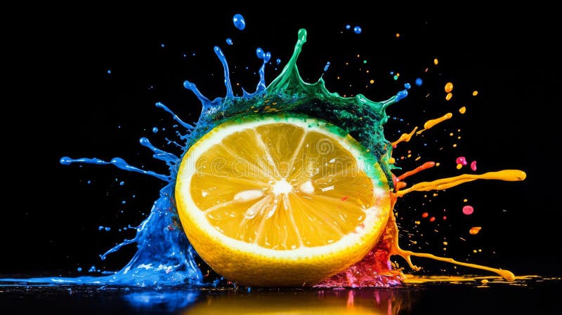 Lemon Slice with Colorful Paint Splashes on Black Background, Vibrant ...
