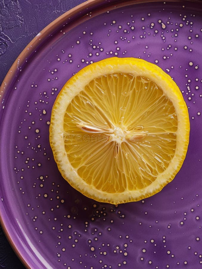 A Lemon Slice on a Purple Plate with Speckled Texture. Stock Image ...