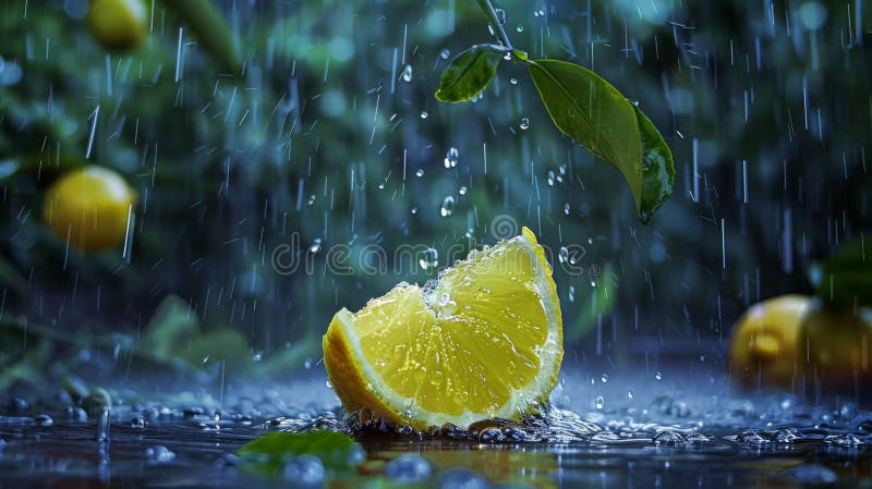 Lemon Slice in Rain, Close-up with Water Splashes. Fresh Fruit and ...