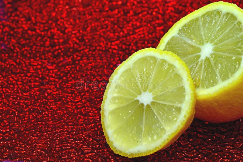 Lemon Slice on a Red Shiny Enamelled Plate Stock Photo - Image of fresh ...