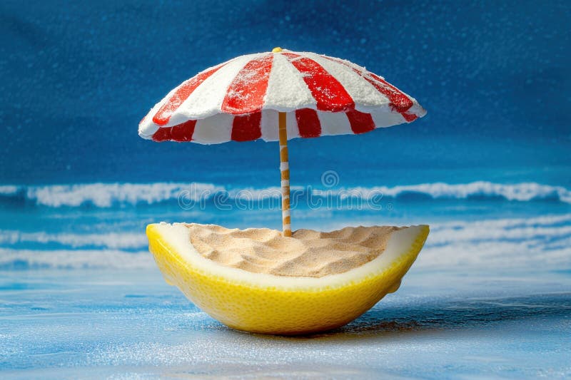 Lemon Slice with Sand Under Umbrella on Beach Stock Image - Image of ...
