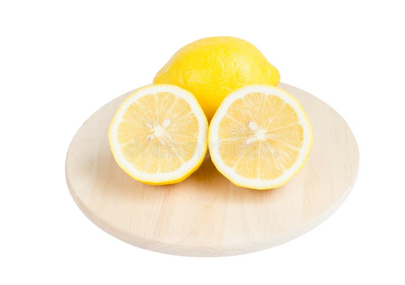 Lemon and Slice on Wooden Board Isolate on White Stock Photo - Image of ...