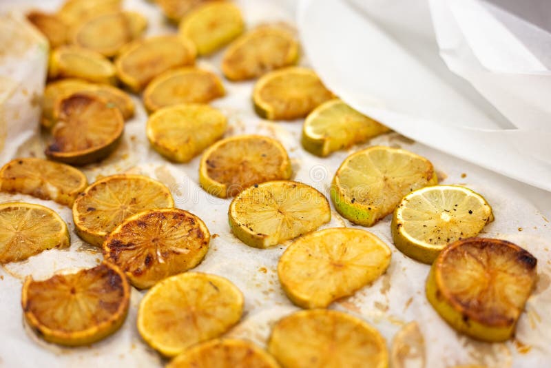 Lemon Slices on Baking Paper Caramelized with Culinary Torch Stock ...