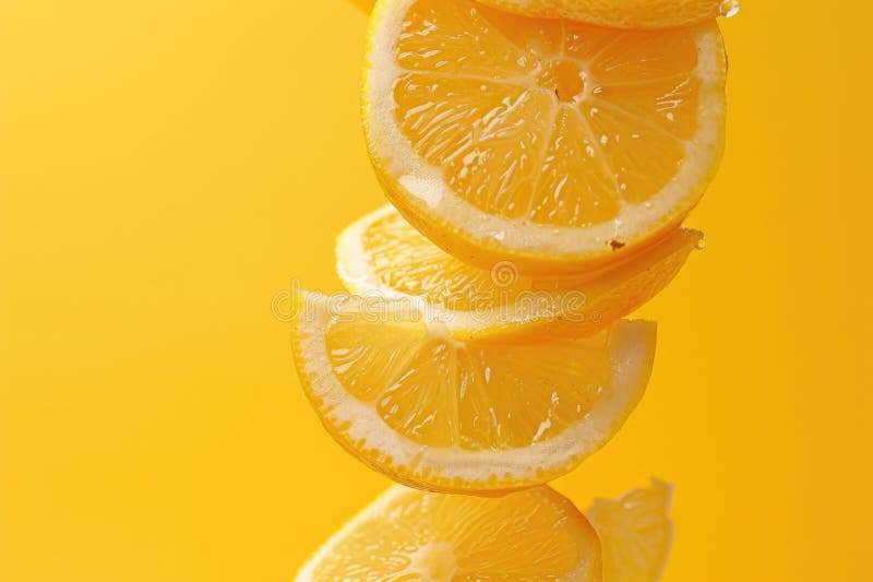 Lemon Slices Fall Against a Bright Yellow Background, Catching the ...