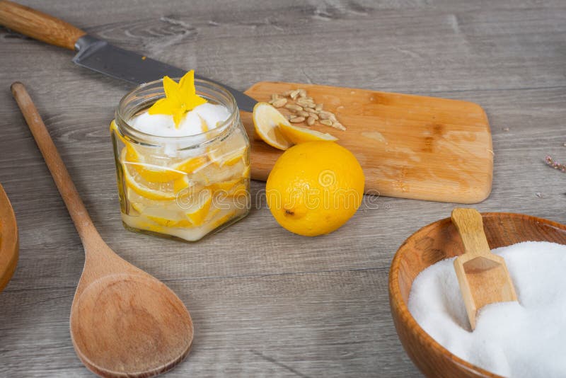 Lemon Slices in a Jar Covered with Sugar. Lemon Canning Stock Image ...