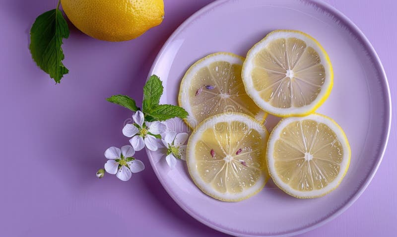 Lemon Slices with Mint and Lemon Blossoms on a Pastel Purple Plate ...
