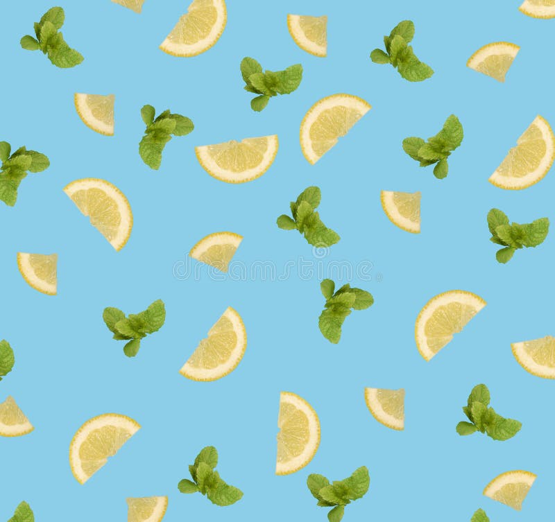 Lemon Slices and Mint Leaves Pattern on Blue Background Stock ...