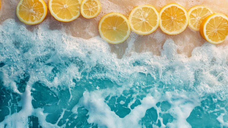Lemon Slices on Sandy Beach with Ocean Waves Stock Illustration ...