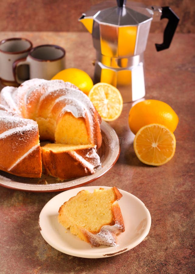 Lemon and Sour Cream Ring Cake, with Icing Sugar Stock Photo - Image of ...