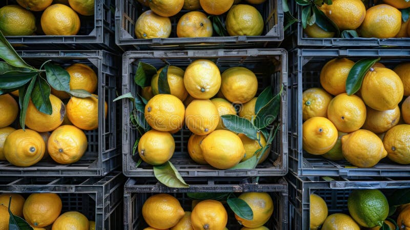 Lemon Storage. Set of Raw Lemons in Boxes. Top View. Stock Image ...