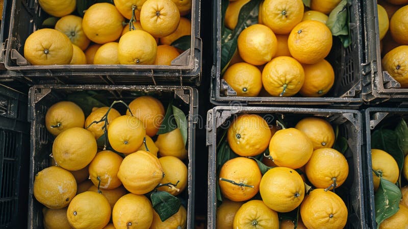 Lemon Storage. Set of Raw Lemons in Boxes. Top View. Stock Image ...
