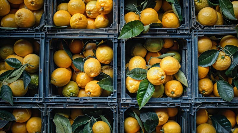 Lemon Storage. Set of Raw Lemons in Boxes. Top View. Stock Photo ...